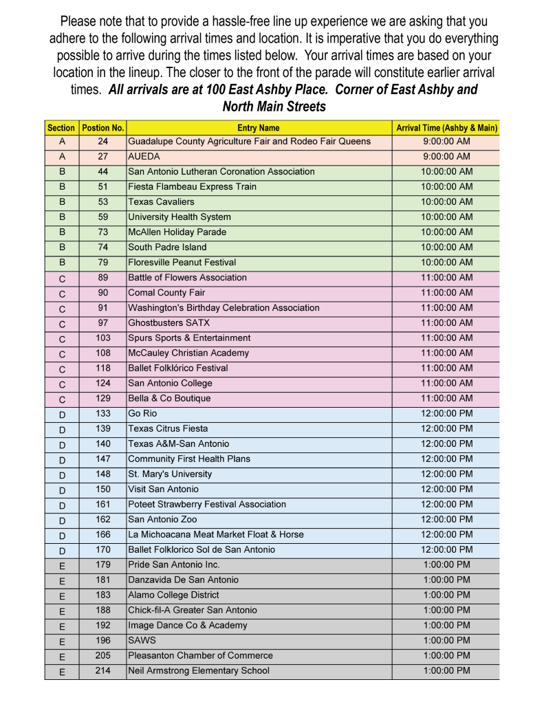 FLOAT ARRIVAL TIMES - Fiesta Flambeau Parade